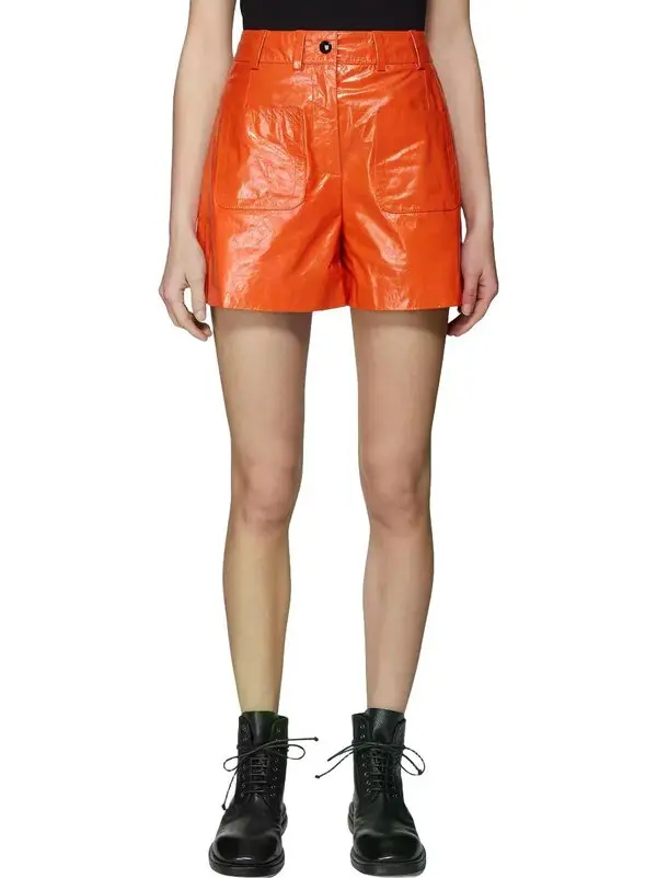 OLIVIER THEYSKENS Wrinkled Leather Patch-pocket Shorts - Orange