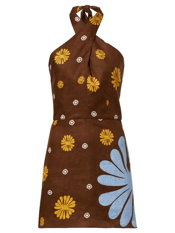CALA DE LA CRUZ Halterneck Floral Mini Dress - Brown