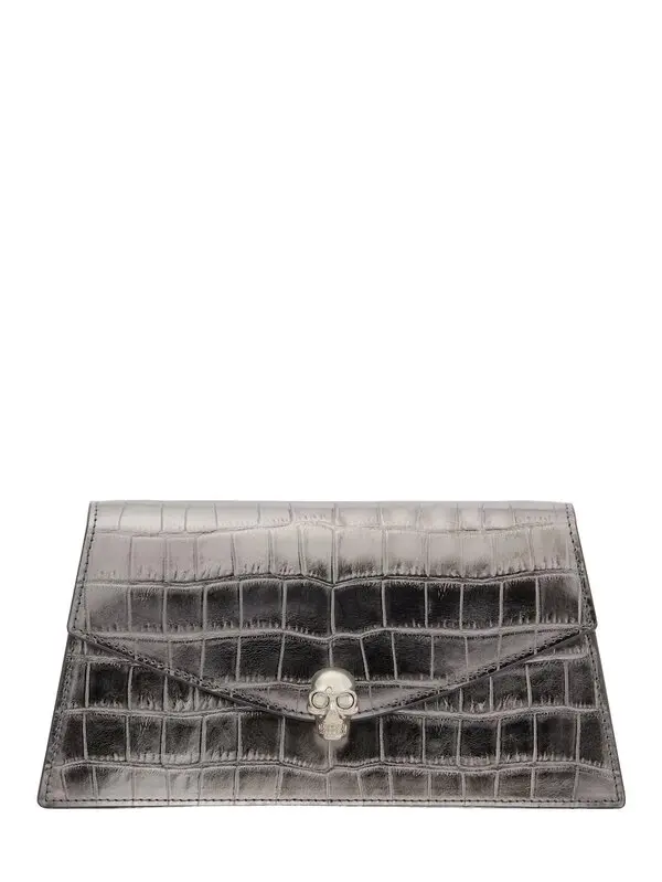 Alexander McQueen Skull Croc-effect Leather Clutch - Silver