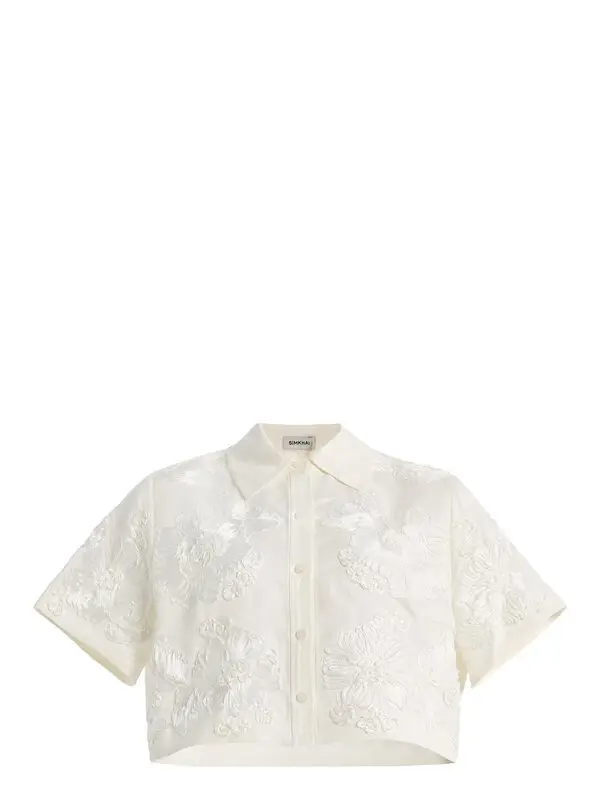 Simkhai Callie Embroidered Linen-blend Cropped Shirt - Ivory