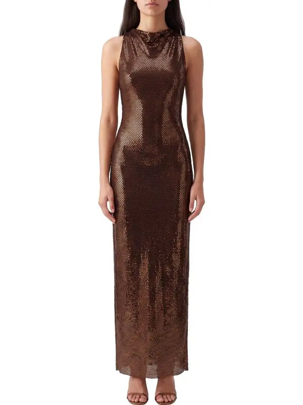 SELF-PORTRAIT One-shoulder Rhinestone Embellished Maxi Gown - Brown