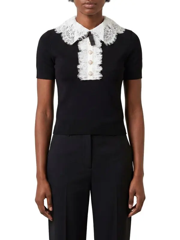 SELF-PORTRAIT Short-sleeved Wool Top With Lace Inserts - Black