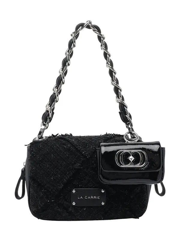 LA CARRIE Tweed Mini Shoulder Bag With Woven Chain Handle - Black