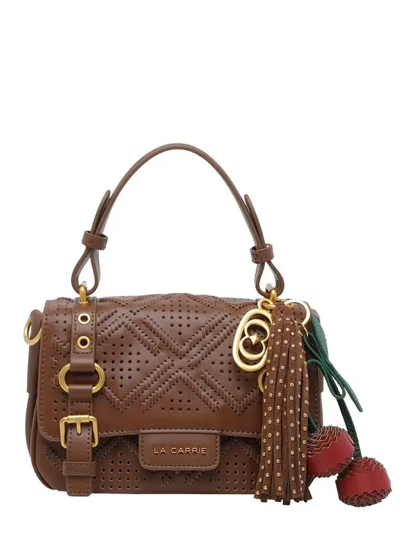 LA CARRIE Atena Labyrinth Perforated Calfskin Leather Mini Bag With Charm - Brown