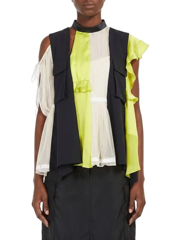 Sacai Sleeveless Asymmetrical Abstract Print Wool-blend Blouse - Blue