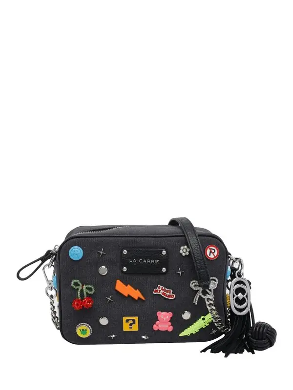 LA CARRIE Embroidered Canvas Mini Camera Bag With Studs - Black