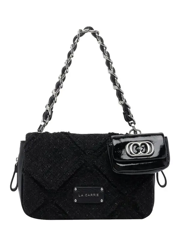 LA CARRIE Tweed Shoulder Bag With Chain Handle - Black