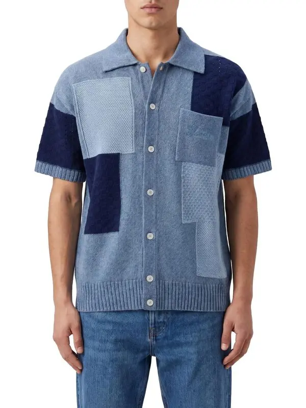 LANEUS Patchwork Print Cotton Bowling Shirt With An Elasticated Hem - Denim