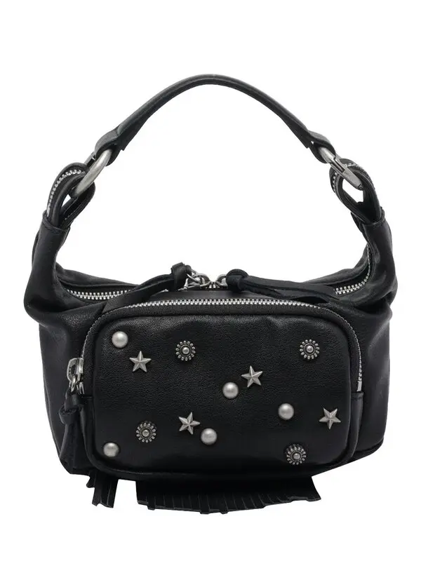 MARGESHERWOOD Mini Leather Hobo Bag With Studs, Fringes And Star Embroidery - Black