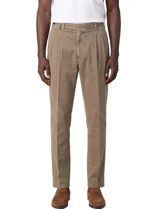 PT TORINO Slim Fit Cotton Chino Trousers With Off-center Closure - Brown