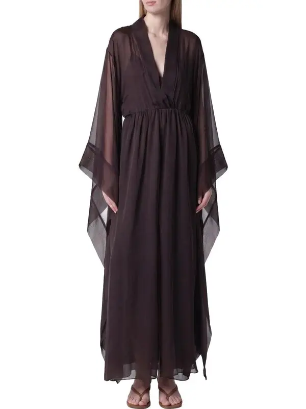 Alberta Ferretti Long Silk Kaftan With V-neck And Wide Sleeves - Brown