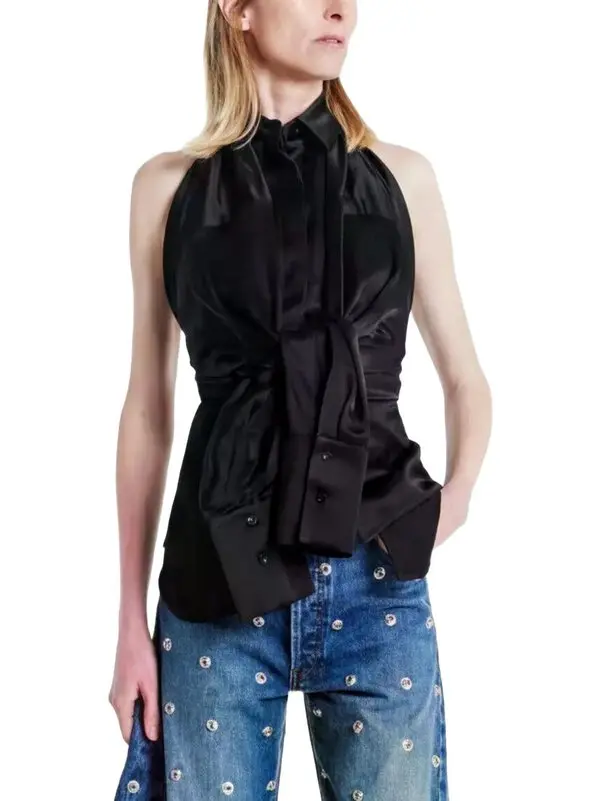 A.W.A.K.E. Mode Halterneck Tie-front Top - Black
