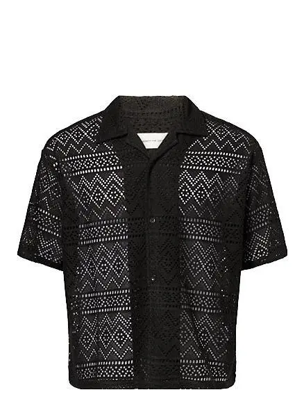 HONOR THE GIFT Cuban-collar Pointelle Crochet-knit Shirt - Black
