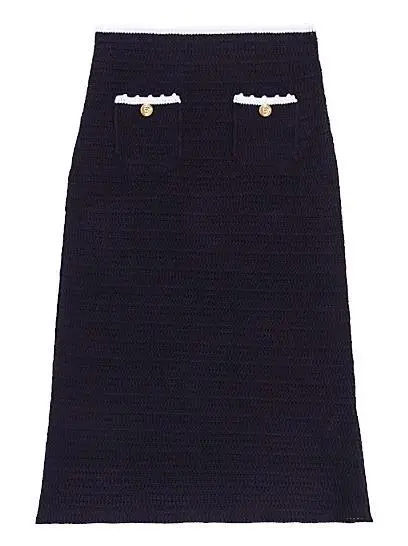 Maje Button-embellished Patch-pocket Crochet-knit Midi Skirt - Navy