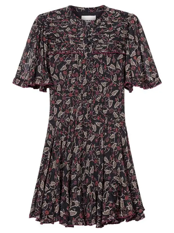 MARANT ETOILE Daynia" Printed Cotton Voile Dress - Black/raspberry