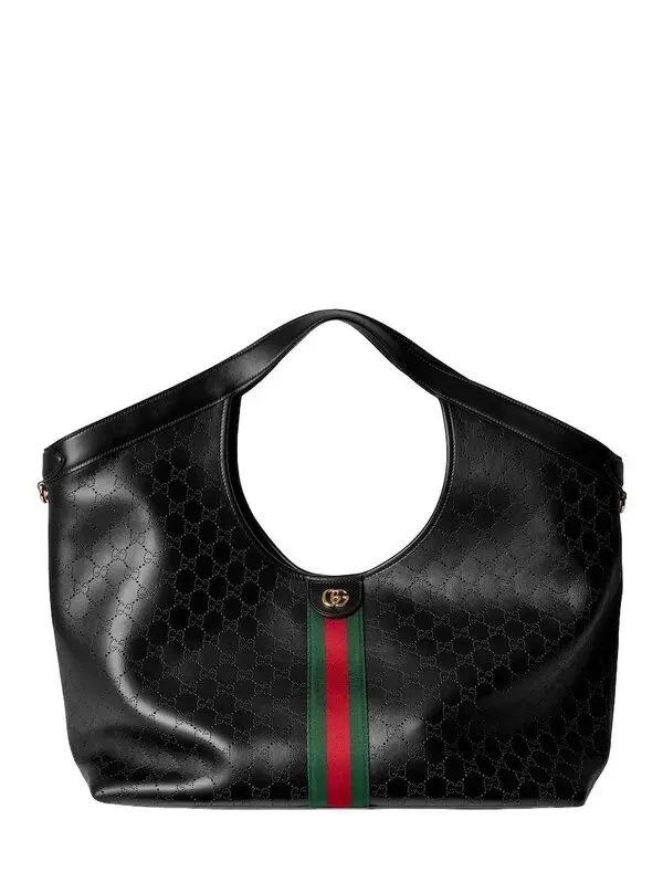 Gucci Large Tote Bag In Leather With Perforated Gg Motif - Black