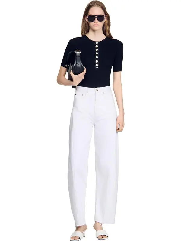 Sandro Ribbed Knit Top With Button Placket - Black