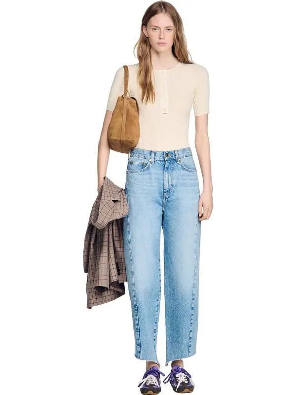 Sandro Ribbed Knit Top With Button Placket - Ecru
