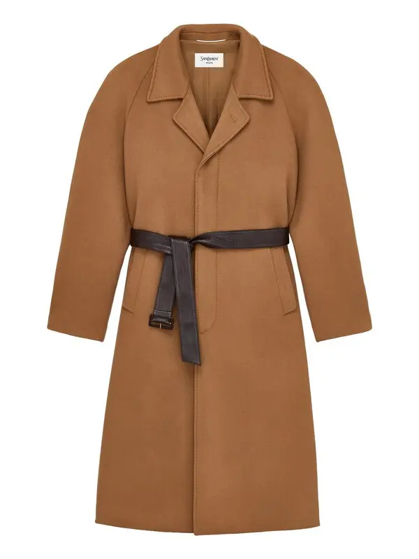 Saint Laurent Belted Balmacaan Coat In Double-face Wool - Alezan