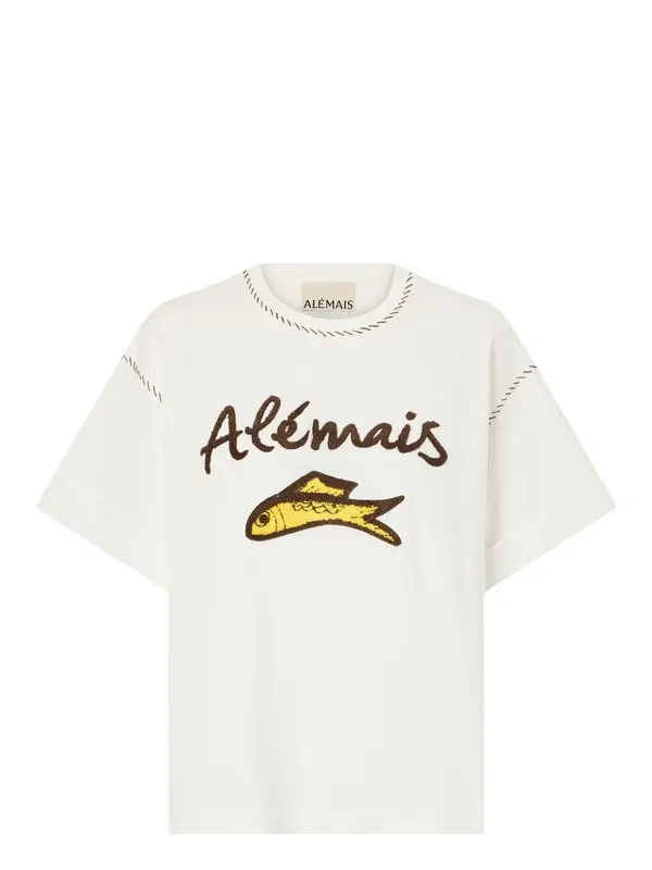 ALEMAIS Scuba Embroidered Cotton-jersey T-shirt - Neutrals