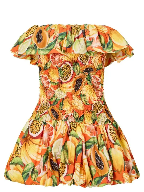 Farm Rio Strapless Ruffled Printed Shirred Cotton Mini Dress - Red