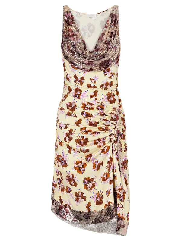 Rabanne Chainmail-embellished Floral-print Satin Mini Dress - Yellow