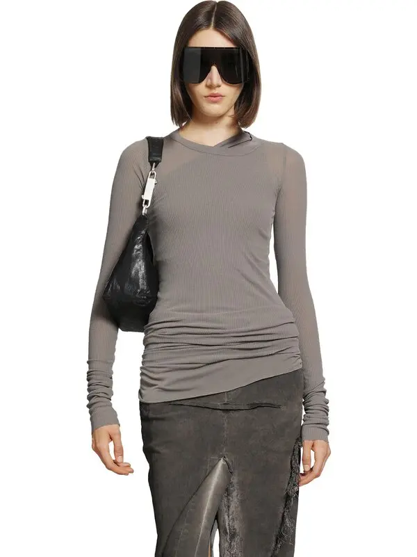 Rick Owens Ribbed Viscose Silk Jersey Long Sleeve Top - Grey