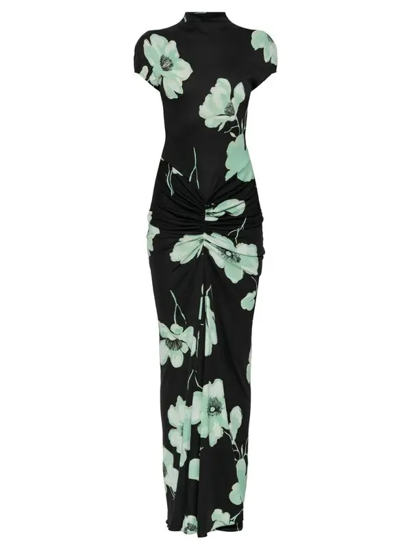 Alaïa Floral Motif High Neck Maxi Dress - Black