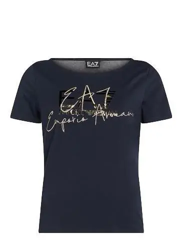 EA7 Cotton-elastane T-shirt With Metallic Print - Blue