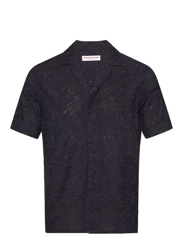 Orlebar Brown Broderie Anglaise Relaxed Fit Capri Collar Shirt Ebroidered In Italy In Night Iris - Blue