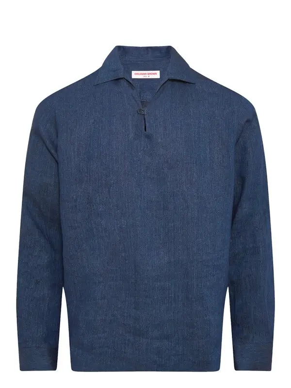 Orlebar Brown Relaxed Fit Linen Long Leeve Overhead Hirt In Night Iri Woven In Italy - Blue