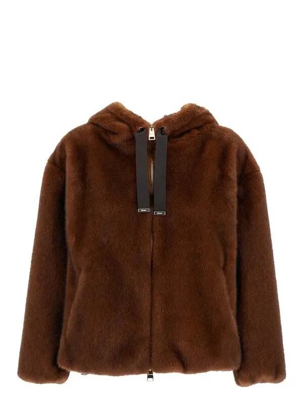 Herno Faux Fur Bomber Jacket With Drawstring Hem - Marrone