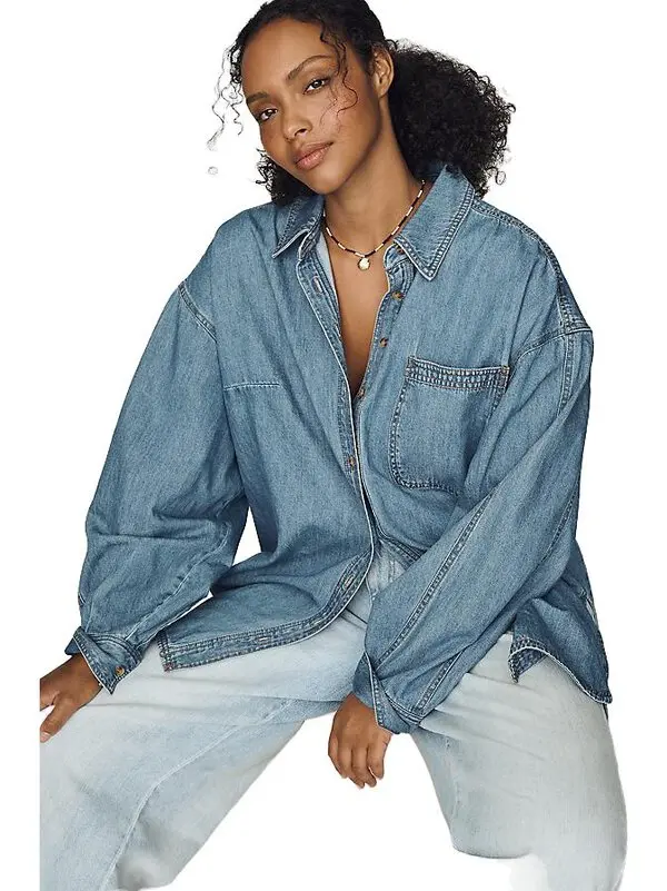 PILCRO Cotton Denim Button-down Shirt - Medium Denim
