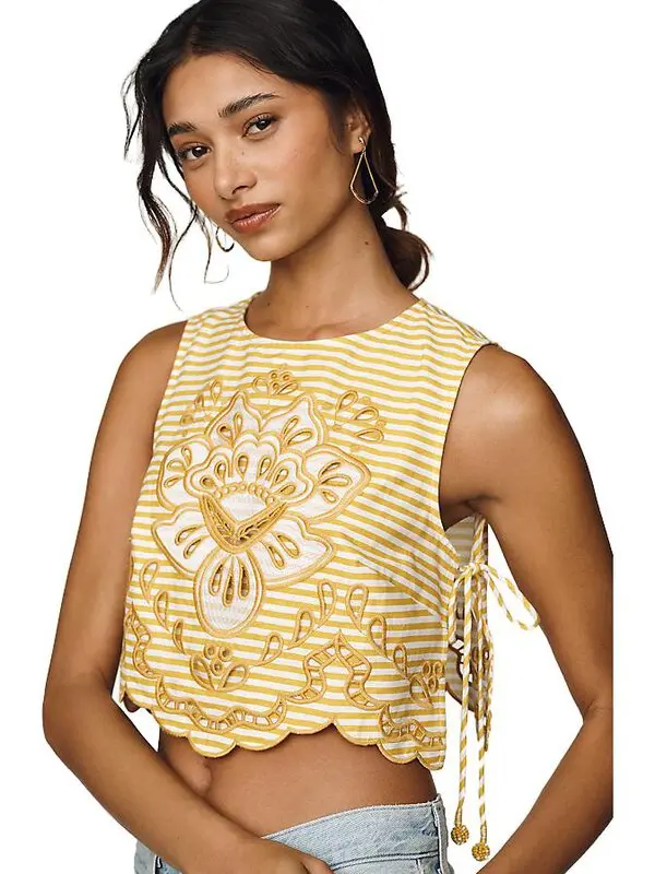 Farm Rio Richilieur Embroidered Cropped Tank Top - Yellow