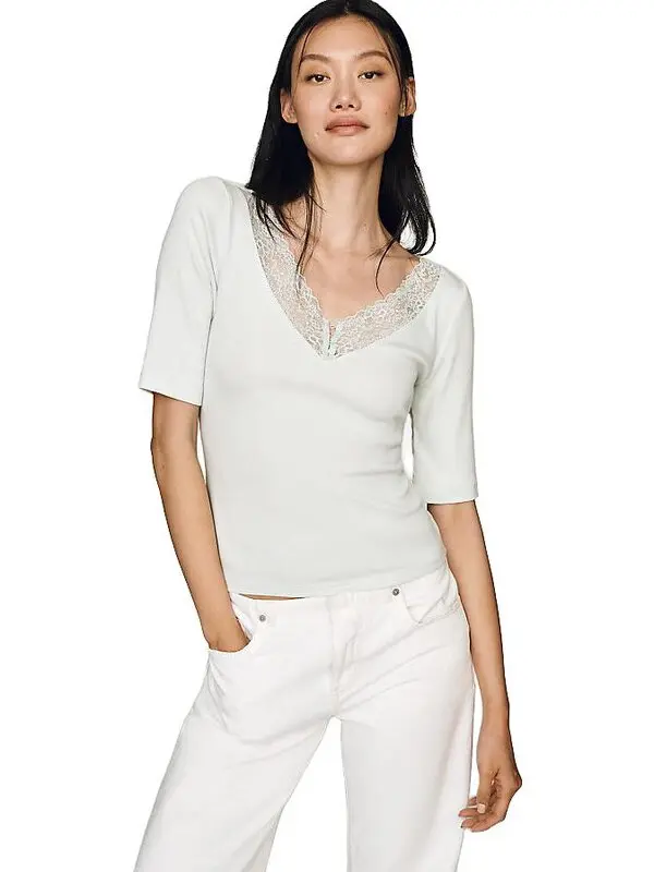 Maeve V-neck Henley T-shirt Top With Lace Trim - Misty Blue