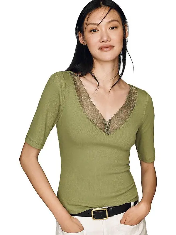 Maeve V-neck Henley T-shirt Top With Lace Trim - Olive Branch