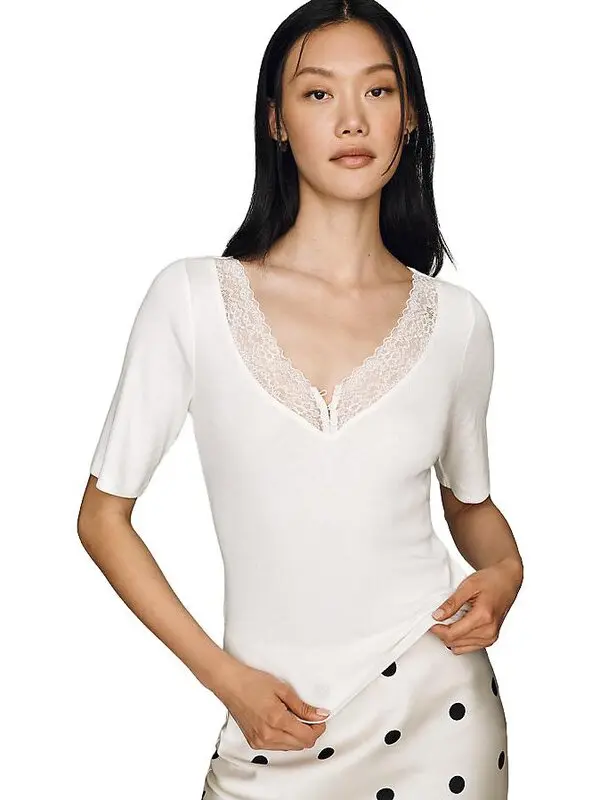 Maeve V-neck Lace-trimmed Henley T-shirt Top - Sugar Swizzle