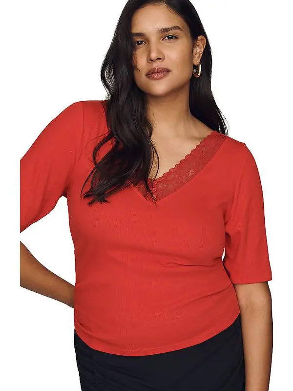Maeve V-neck Henley T-shirt Top With Lace Trim - True Red