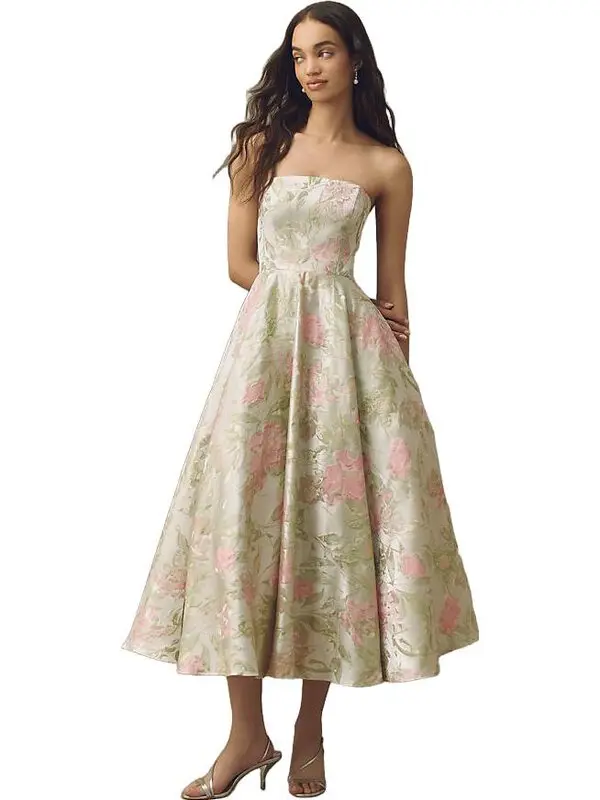 Mac Duggal Floral Strapless Midi Dress - Light Green