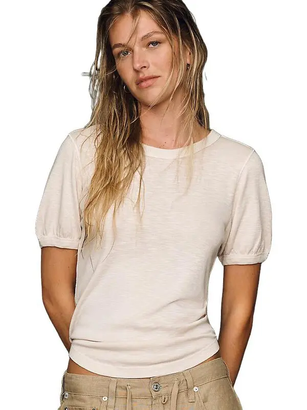 PILCRO Cotton Puff Sleeve Textured T-shirt - Sandshell