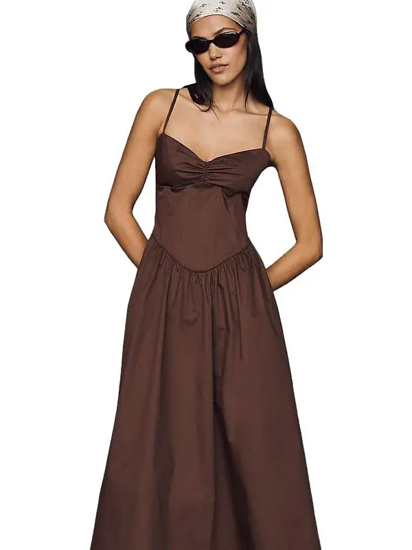 MARE MARE 100% Cotton A-line Midi Dress - Brown