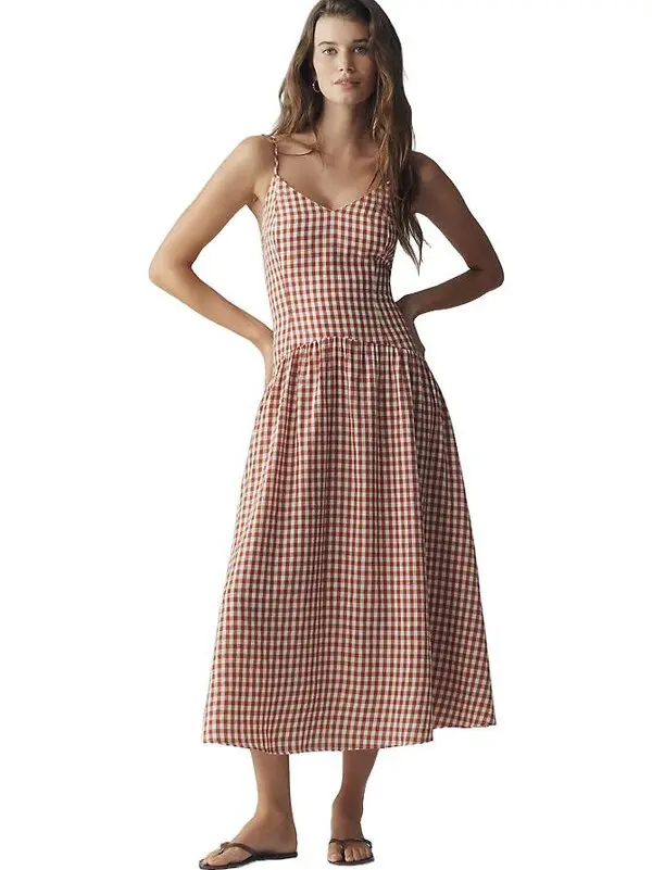 RAISONNEL Gingham Midi Dress - Brown Pattern