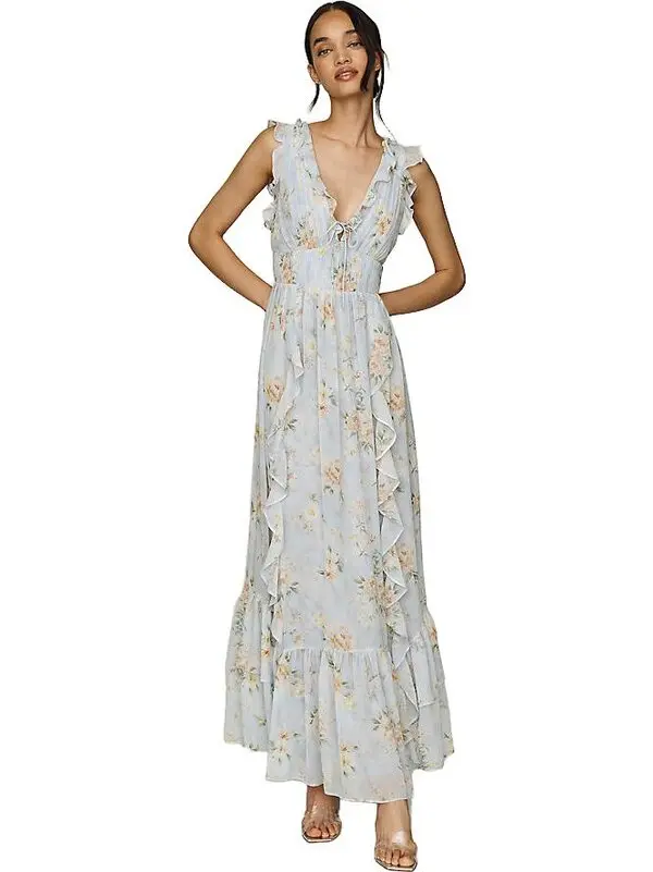 Astr The Label Kindra Ruffle Maxi Dress - Light Blue Floral