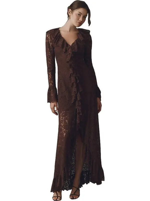 DE LA VALI Clementina Maxi Dress In Lace With Plunge Neckline And Long Sleeves - Brown
