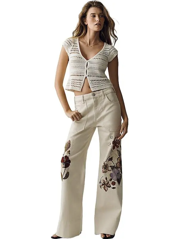 PILCRO Rylan High-rise Relaxed Flared Jeans With Floral Embellishments - Pristine