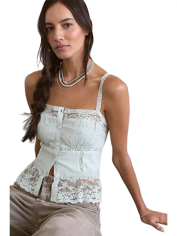 Free People Alessandra Lace Trim Button-front Top - Sea Foam
