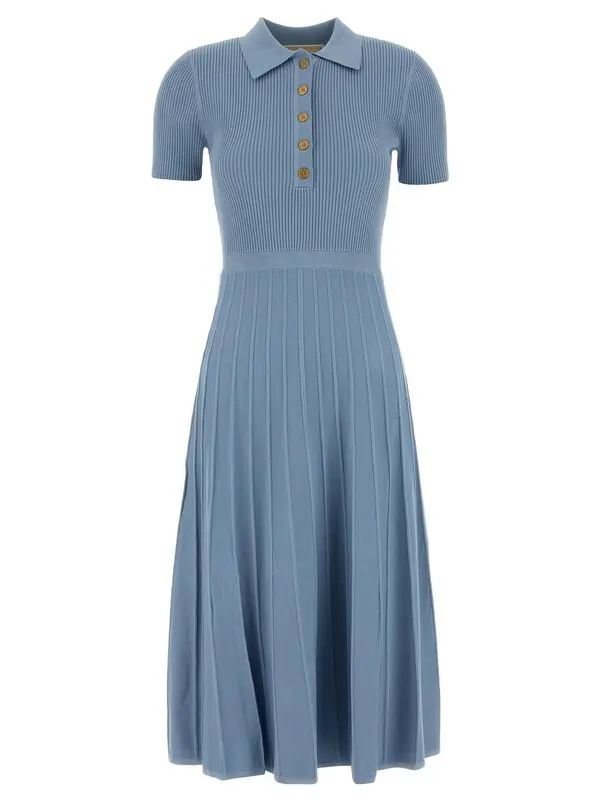 Michael Kors Ribbed Knit Midi Dress With Pleated Skirt - Blue