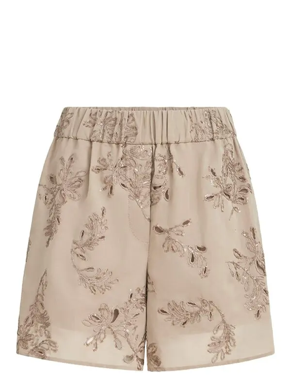 Brunello Cucinelli Cotton Organza Bermuda Shorts With Floral Embroidery - Beige