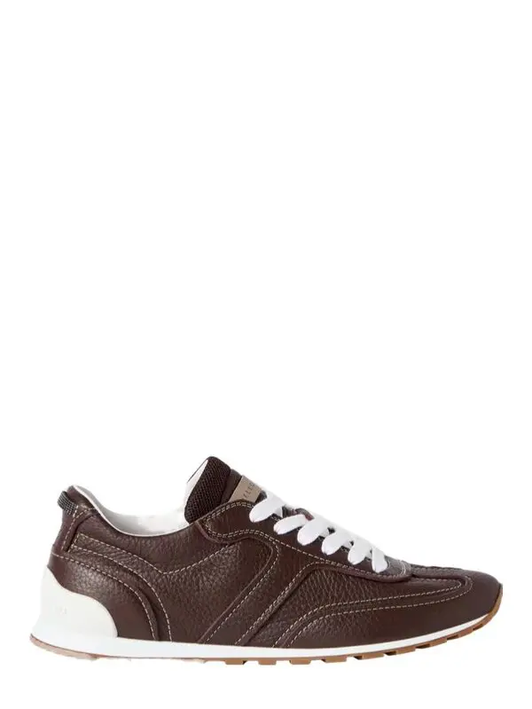 Brunello Cucinelli Grained Soft Leather Runners With Shiny Loops - Brown
