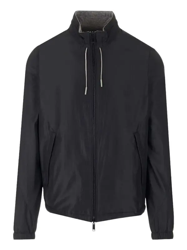 Zegna High Collar Zip Up Logo Jacket - Black